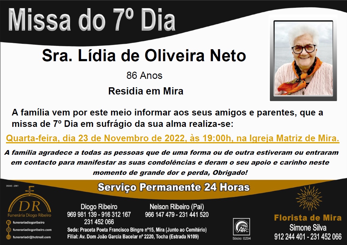 Missa 7º Dia Lídia de Oliveira Neto - Funerária Diogo Ribeiro